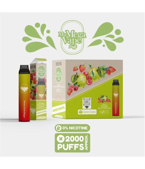Puff Ma Méga Vape - Pomme Fruits Rouges 2000 Puffs - Boîte de 10